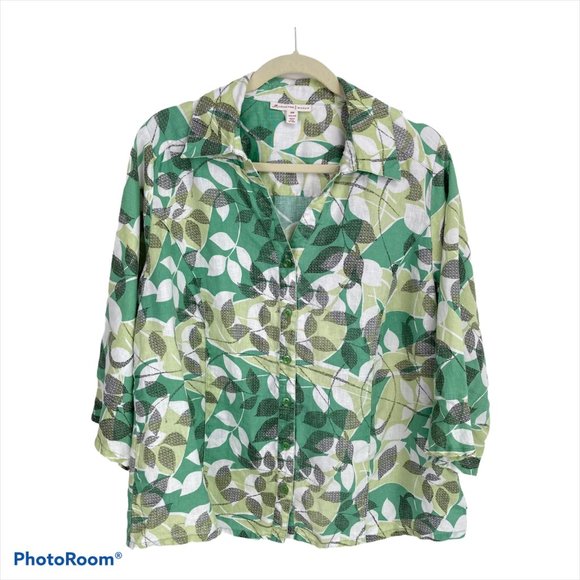 JM Collection | Tops | Jm Collection Green Leaf Print Linen Blouse 6w ...